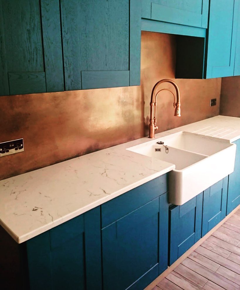 Copper splashback, teal kitchen | Kitchens